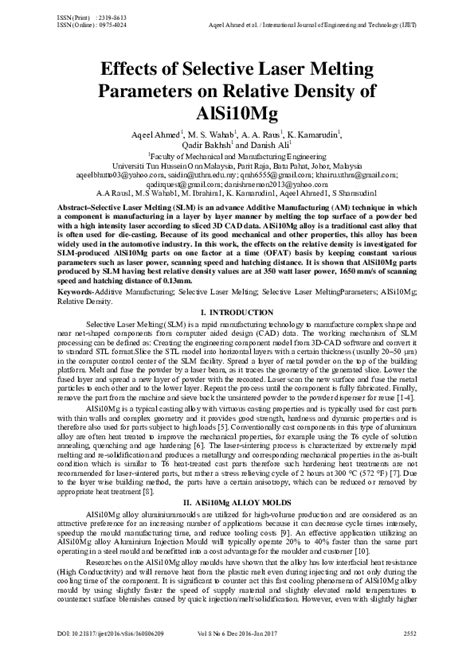 Pdf Effects Of Selective Laser Melting Parameters On Relative Density Of Alsi10mg