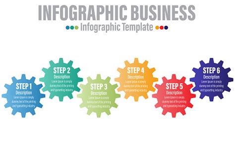 Gears 인포그래픽 기계식 엔진 구성 요소 톱니바퀴 프리젠테이션 차트 아이콘 6단계 사업 진행 정보 배너 벡터 개념 인포그래픽에 대한 스톡 벡터 아트 및 기타 이미지