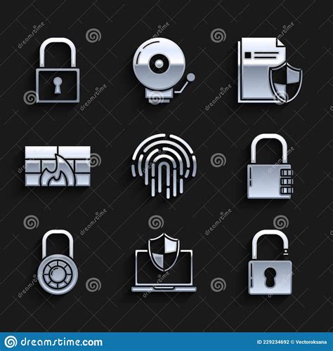 Set Fingerprint Laptop Protected With Shield Open Padlock Safe