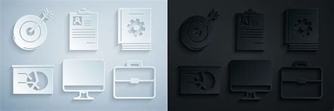 컴퓨터 모니터 화면 사용 설명서 그래프 차트가 있는 보드 서류 가방 클립보드 이력서 및 대상 아이콘을 설정합니다 벡터 3차원 형태에 대한 스톡 벡터 아트 및 기타 이미지