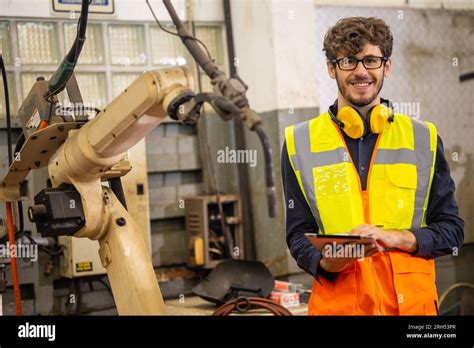Portrait Happy Young Caucasian Male Worker Robot Arm Machine Operator In Metal Factory Stock