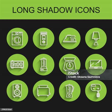 세트 라인 스테레오 스피커 토스트가 있는 토스터 세탁기 블렌더 전기 믹서 노트북 및 저울 아이콘 벡터 가정 주방에 대한 스톡 벡터 아트 및 기타 이미지 Istock