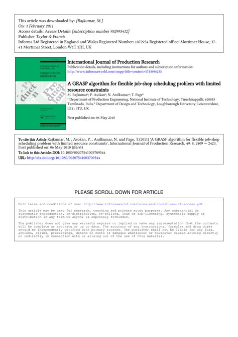 Pdf A Grasp Algorithm For Flexible Job Shop Scheduling Problem With Limited Resource Constraints