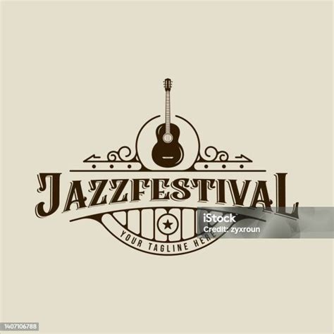 어쿠스틱 기타 로고 벡터 빈티지 일러스트 템플릿 아이콘 그래픽 디자인 재즈 페스티벌 사인 또는 복고풍 스타일의 콘서트 상징