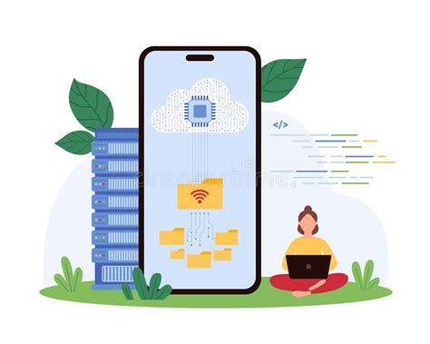 Cloud Data Download And Storage Mobile App Tiny Woman Downloading