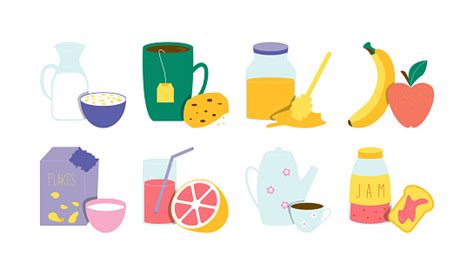 아침 식사 세트 플랫 벡터 일러스트 레이 션 계란 콘플레이크 팬케이크 토스트 커피 개체 그룹에 대한 스톡 벡터 아트 및 기타 이미지 개체 그룹 건강한 생활방식 건강한