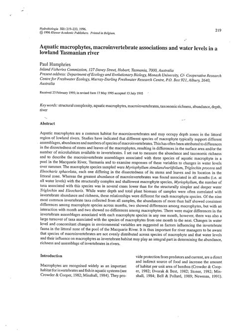 Pdf Aquatic Macrophytes Macroinvertebrate Associations And Water Levels In A Lowland