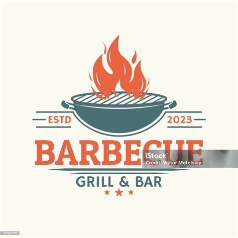 바베큐 로고 바베큐 그릴 아이콘 또는 화재 불꽃이 있는 레이블 고기 레스토랑 스테이크 하우스 디자인 요소 벡터 일러스트 레이 션입니다 가정 주방에 대한 스톡 벡터 아트 및