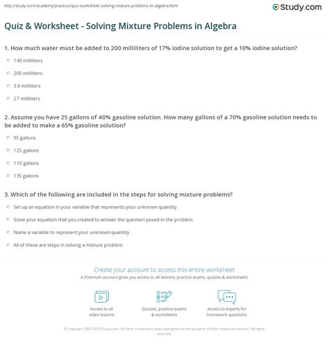 mixture word problems worksheet e