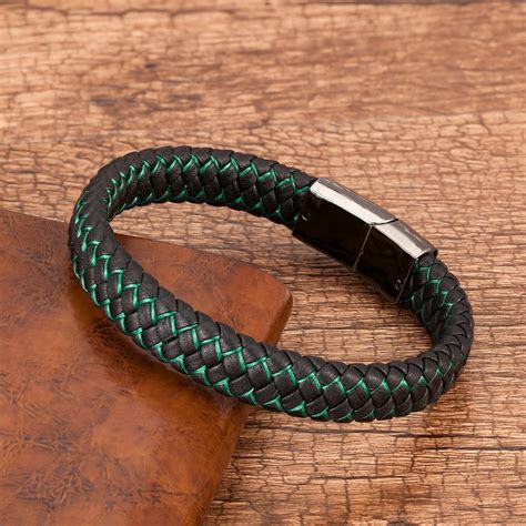 Модна гривна от естествена кожа Мъжки черни плетени въжени гривни за мъже Метална магнитна