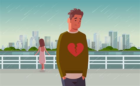 불행한 슬픈 부부 와 깨진 마음 가진 우울증 관계 문제 생활 위기 이혼 개념 남자 여자 이별 관계 도시 풍경 배경 평면 수평 가공의 인물에 대한 스톡 벡터 아트 및 기타