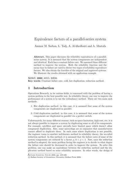 Pdf Reliability Equivalence Of A Parallel Series System