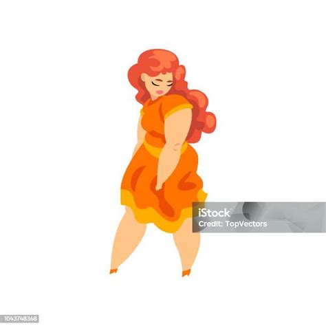 통 통 매력적인 여성과 체중 여자 오렌지 드레스 플러스 사이즈 모델 유행 옷 흰색 바탕에 몸 긍정적인 벡터 일러스트 레이 션에