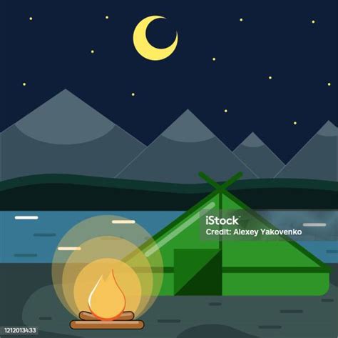 캠핑 텐트 캠프 파이어 산 평면 고립 된 배경입니다 Eps 10 벡터 건강한 생활방식에 대한 스톡 벡터 아트 및 기타 이미지 건강한 생활방식 겨울 관광 Istock