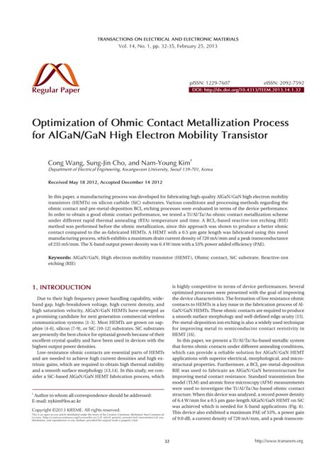 Pdf Optimization Of Ohmic Contact Metallization Process For Algangan