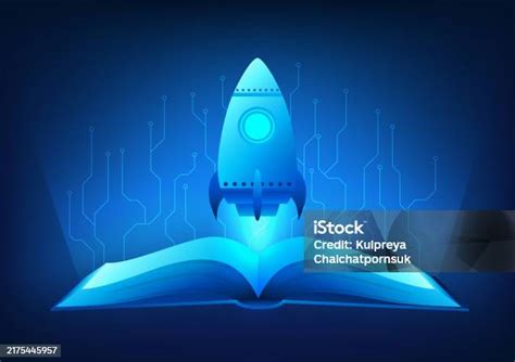 기술 교육 전기 회로를 둘러싼 공중의 펼쳐진 책에서 솟아오르는 로켓은 기술과 교육의 통합을 나타내며 지식과 무한한 미래를 창조합니다 교사 교육 관련 직업에 대한 스톡 벡터