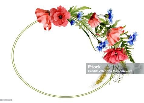 야생화의 타원형 프레임 붉은 양귀비 옥수수 꽃 고사리 잎 밀 스파이크 초원 잔디 수채화 일러스트레이션 수제 결혼식에 대한 스톡 벡터 아트 및 기타 이미지 Istock