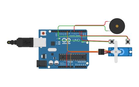 circuit design servo 2 buttons interrupt buzzer tinkercad