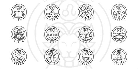 조디악 또는 별자리 로고 라인 아트 벡터 일러스트 템플릿 아이콘 그래픽 디자인세트 타이포그래피와 점성술의 다양한 원 배지의 번들 컬렉션 0명에 대한 스톡 벡터 아트 및 기타