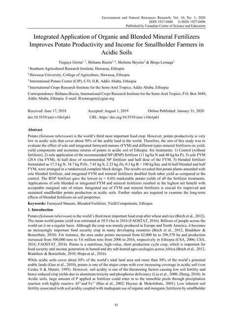 Pdf Integrated Application Of Organic And Blended Mineral Fertilizers Improves Potato