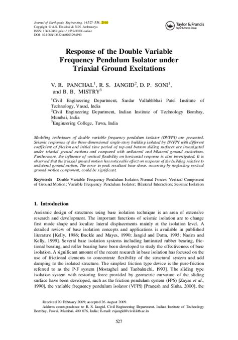 Pdf Response Of The Double Variable Frequency Pendulum Isolator Under Triaxial Ground Excitations