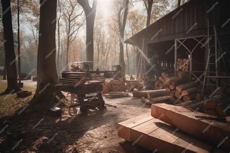 Premium Ai Image A Wood Shed With A Large Stack Of Wood In The Foreground And A Tree In The