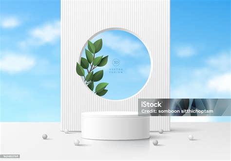 추상적인 3d 흰색 실린더 받침대 연단 배경에는 녹색 나뭇잎과 구름 푸른 하늘 벽 장면이 있다 최소한의 모형 또는 제품 디스플레이 프레젠테이션 무대 쇼케이스 플랫폼 벡터