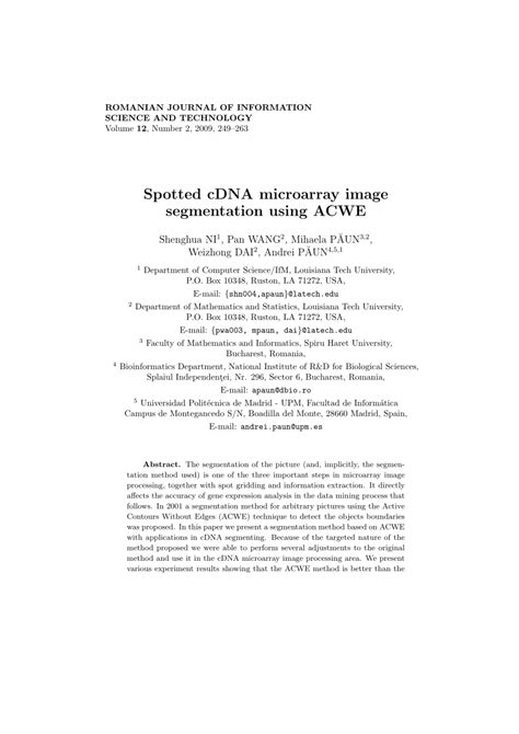 Pdf Spotted Cdna Microarray Image Segmentation Using Acwe