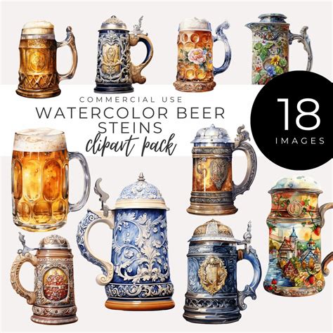 Watercolor Beer Stein Clipart Pack Instant Download Vintage Beer Mugs