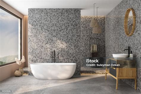 현대적인 미니멀리스트 욕실 인테리어 현대적인 욕실 캐비닛 흰색 세면대 나무 화장대 인테리어 식물 욕실 액세서리 욕조 및 샤워기 검은색 및 타일 벽 콘크리트 바닥 3d 렌더링