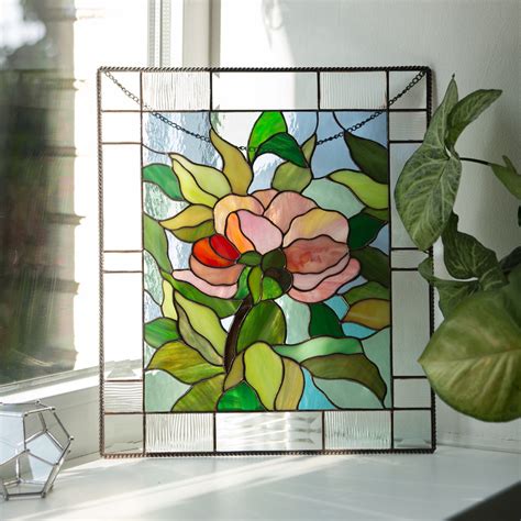 Peony Flower Stained Glass Window Hanging Panel Glass Art Stories