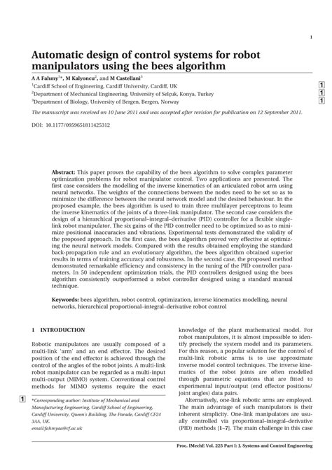 Pdf Automatic Design Of Control Systems For Robot Manipulators Using The Bees Algorithm