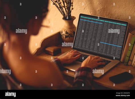 back view of caucasian female programmer siting at desk using laptop with coding on screen