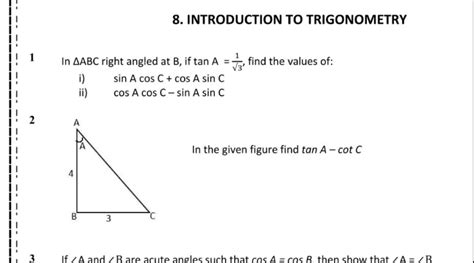 8 Introduction To Trigonometry1 In Abc Right Angled At B If Tana 3 1