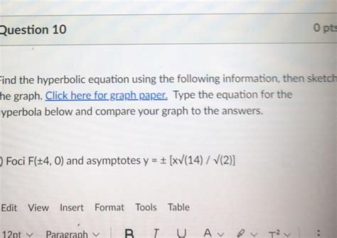Solved Question 10 Opte Find The Hyperbolic Equation Using