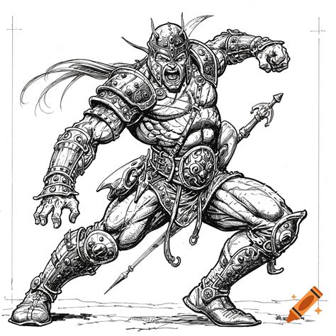 Detailed Pen And Ink Line Art Illustration Of A Fantasy Warrior In