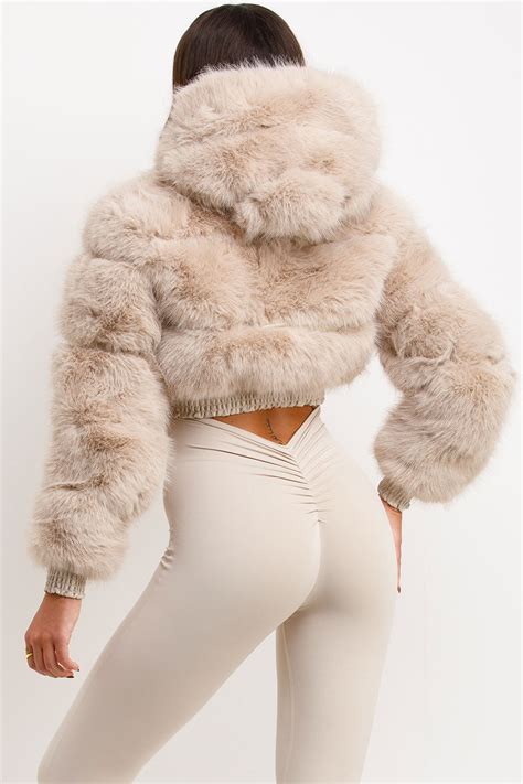 Womens Crop Faux Fur Jacket With Hood Beige Uk