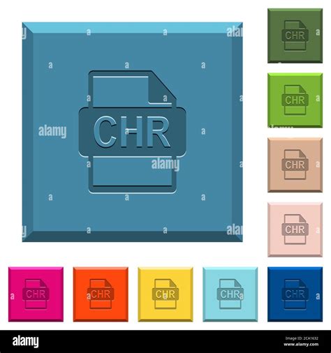 CHR File Format Engraved Icons On Edged Square Buttons In Various Trendy Colors Stock Vector