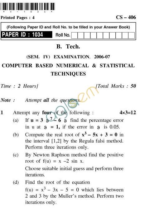 Aktu Btech Question Paper Cs 406 Computer Based Numerical