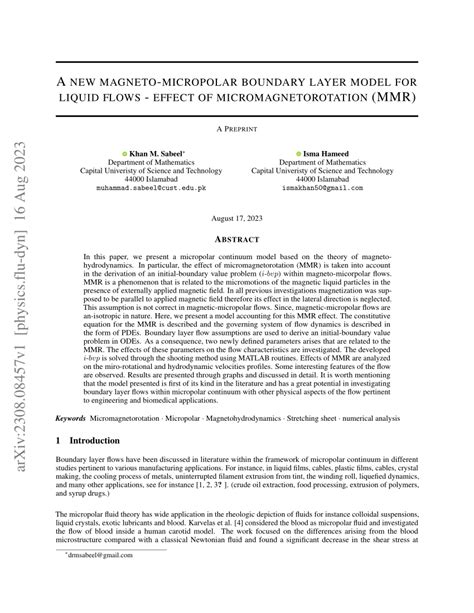 Pdf A New Magneto Micropolar Boundary Layer Model For Liquid Flows Effect Of