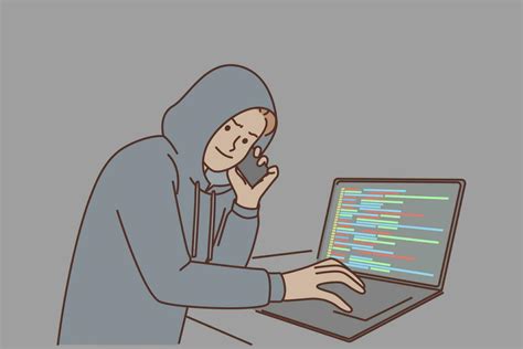 Man Hacker With Laptop And Making Phone Call Is Engaged In Telecom Fraud And Scamming Money