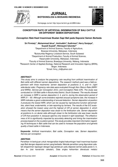 Pdf Conception Rate Of Artificial Insemination Of Bali Cattle On