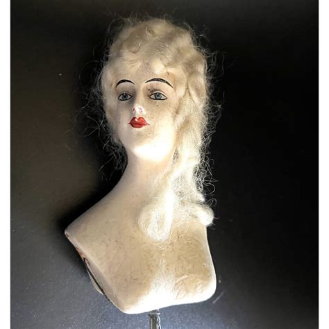 Antique German Boudoir Half Doll Bust Wax Over Chalkware Blonde Hair