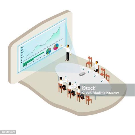 그래프와 차트와 데이터 분석회의에서 프리젠 테이션 인포그래픽이 있는 팀워크 컨셉 개발 전략에 대한 토론 흰색 배경에서 분리된 등각 투영 벡터입니다 3차원 형태에 대한 스톡