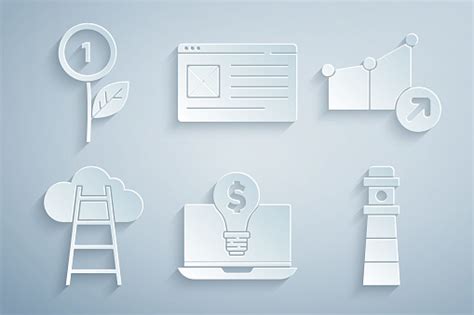 노트북 금융 성장 계단 마무리 플래그 등대 브라우저 창 및 달러 식물 아이콘에 달러로 전구를 설정합니다 벡터 3차원 형태에 대한 스톡 벡터 아트 및 기타 이미지 Istock