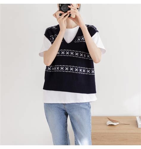 [미라클세븐][m7] 여자 V넥 Ss 조끼 콘트라스트 패턴 스웨터 조끼 2 티몬