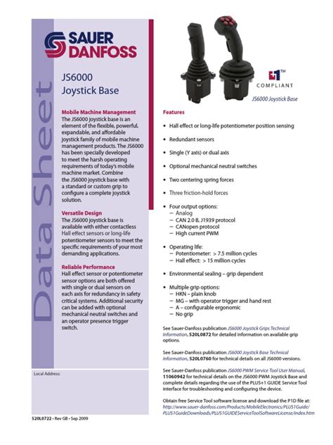 Sauer Danfoss Joysticks Series Js6000 Catalogue En Pdf Electrical