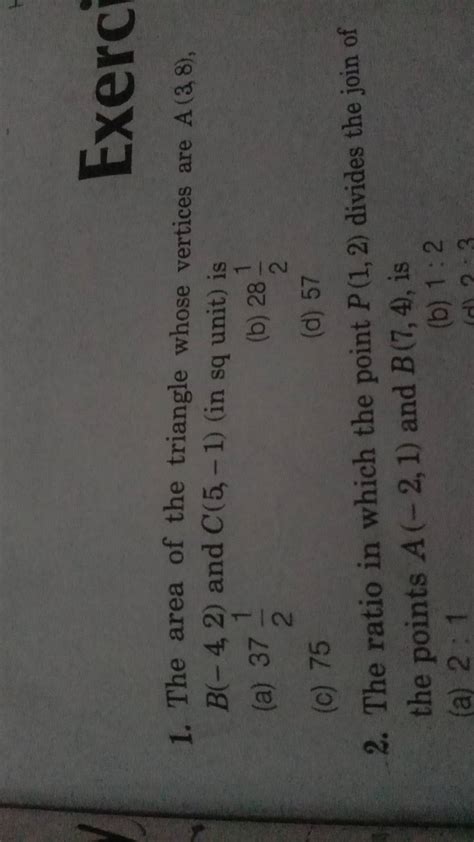 The Area Of The Triangle Whose Vertices Are A 3 8 B −4 2 And C 5 −1