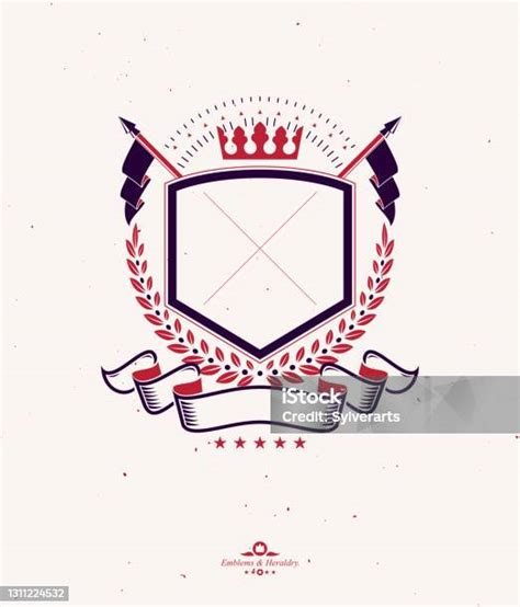 장엄한 크라운과 깃발을 사용하여 구성된 그래픽 엠블럼 팔 장식 엠블럼 고립 벡터 일러스트의 전령 코트 고대의에 대한 스톡 벡터 아트 및 기타 이미지 Istock