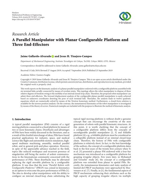 Pdf A Parallel Manipulator With Planar Configurable Platform And Three End Effectors